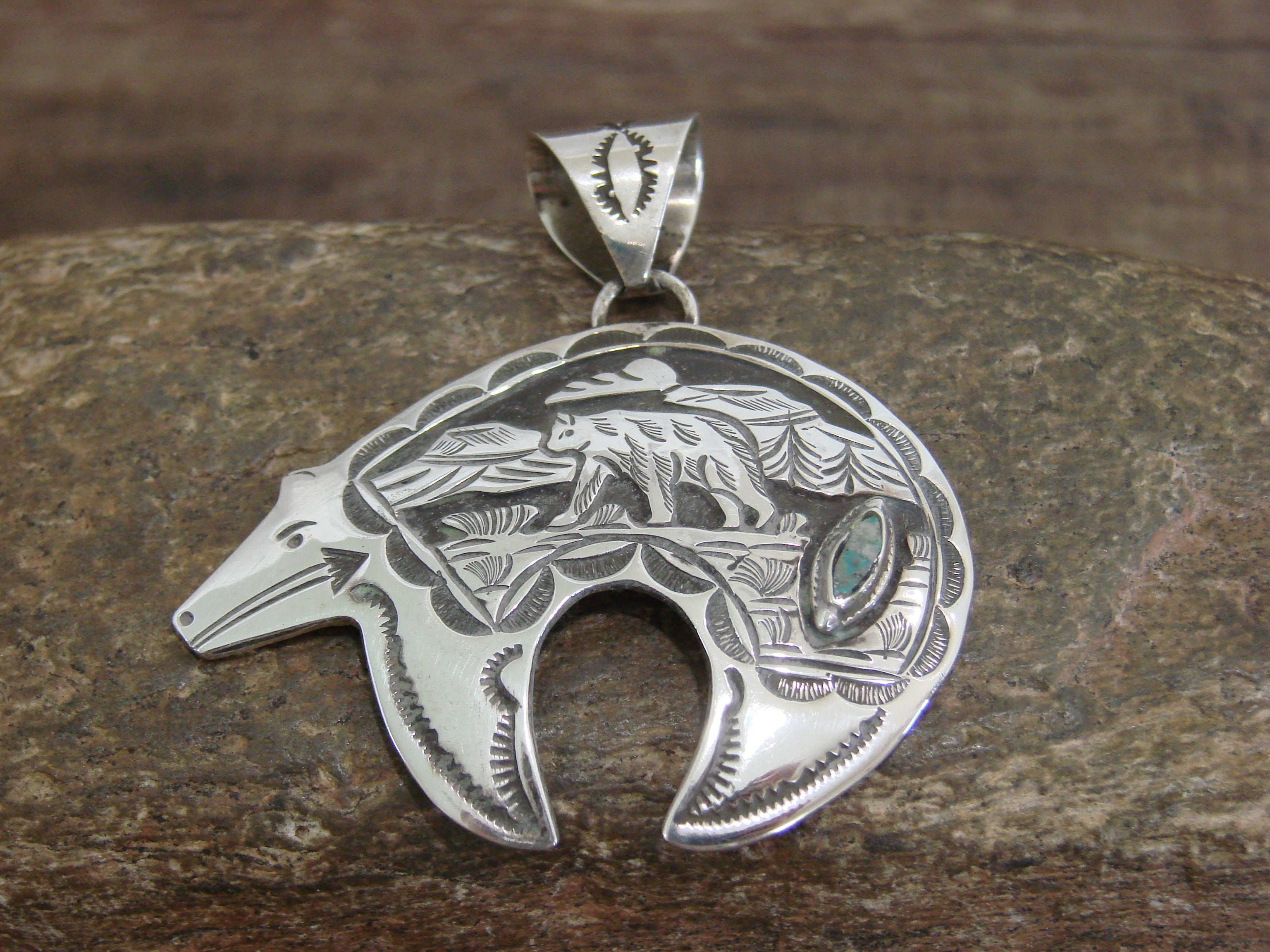 Native American Sterling Silver & Turquoise Bear Pendant Signed Delgar ...