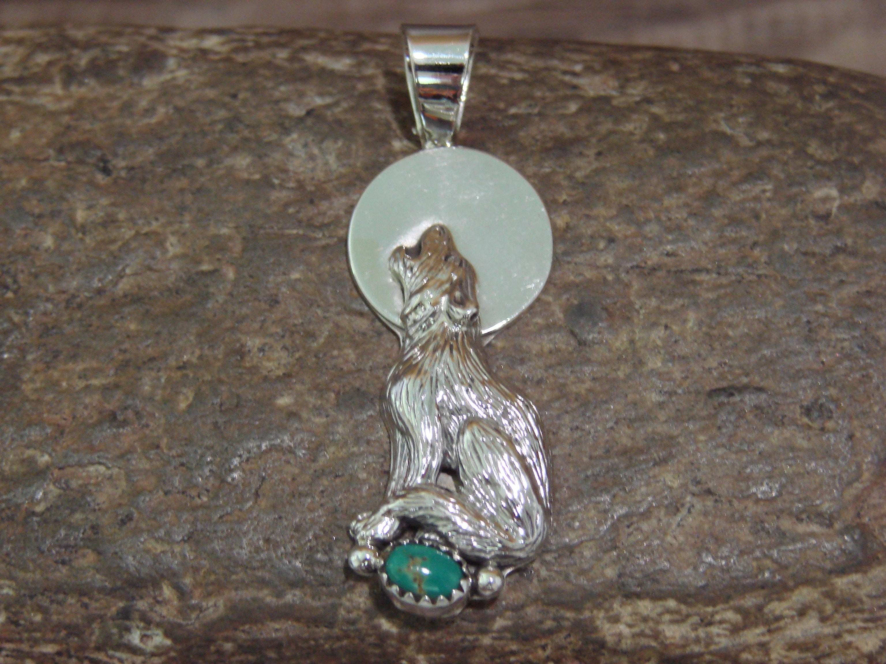 Native American Sterling Silver Green Turquoise Wolf Pendant by Yellow ...