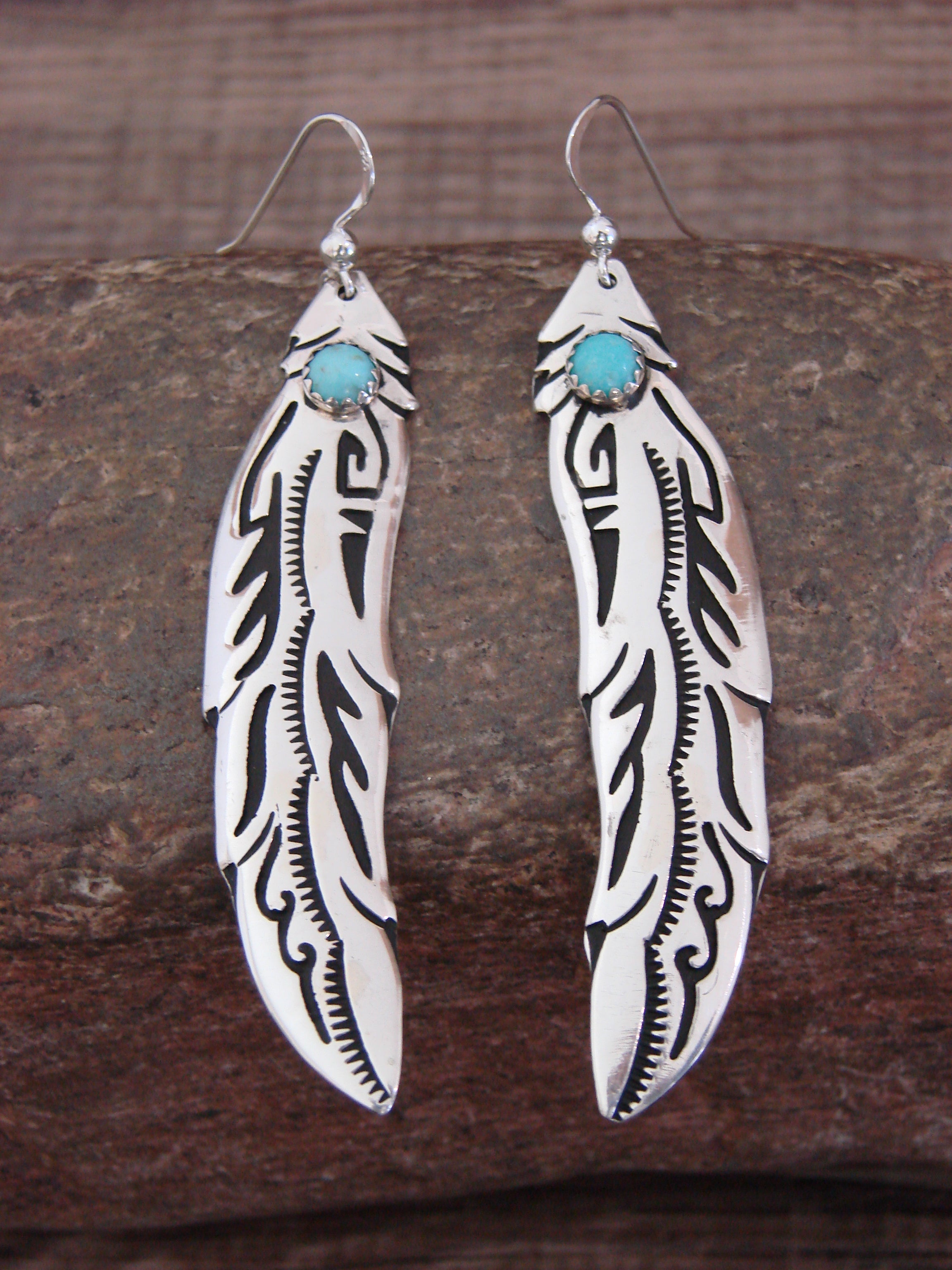 Native American Sterling Silver Feather & Turquoise Dangle Earrings ...