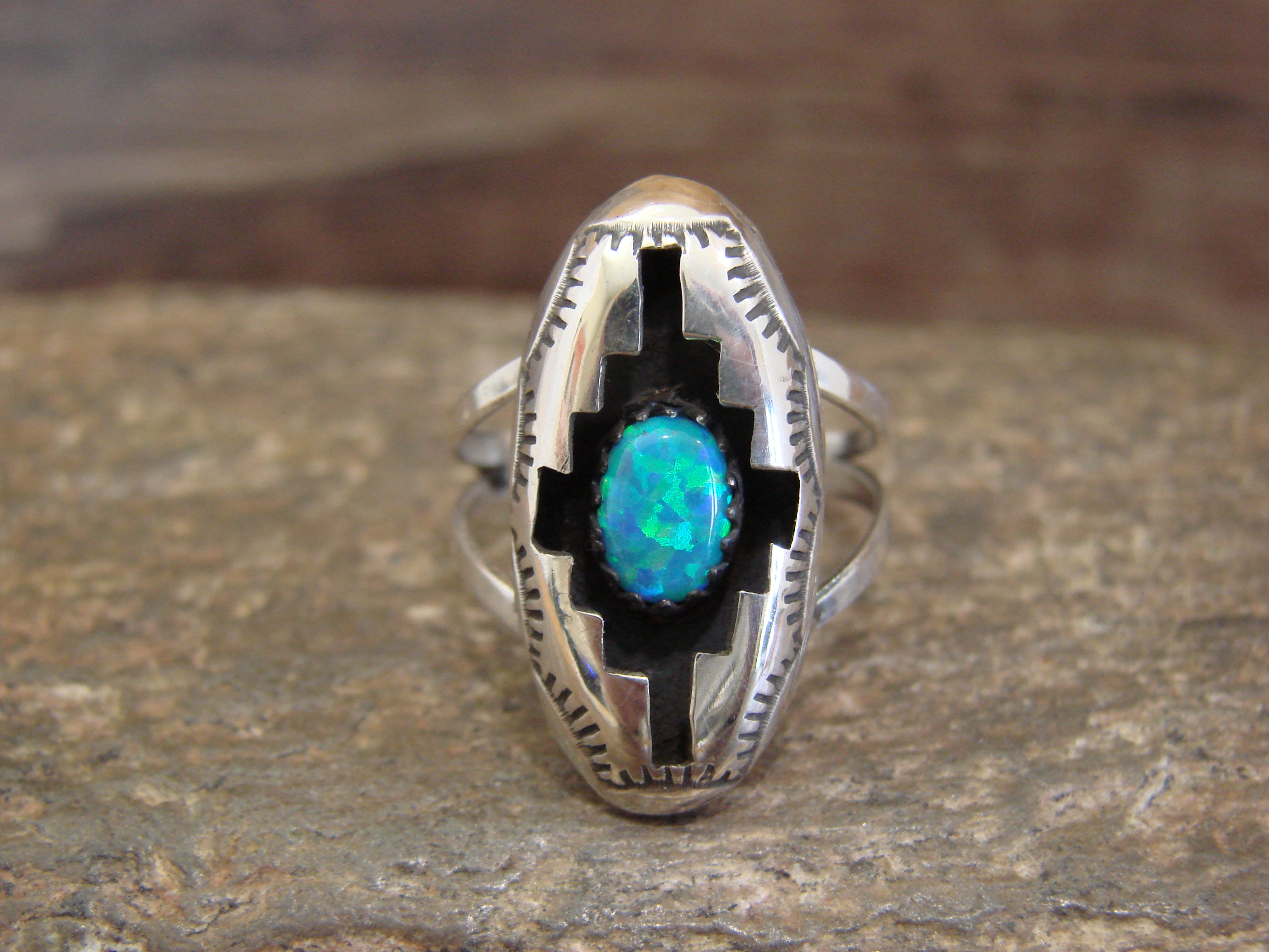 Native American Sterling Silver & Blue Opal Shadow Box Ring - Perry ...