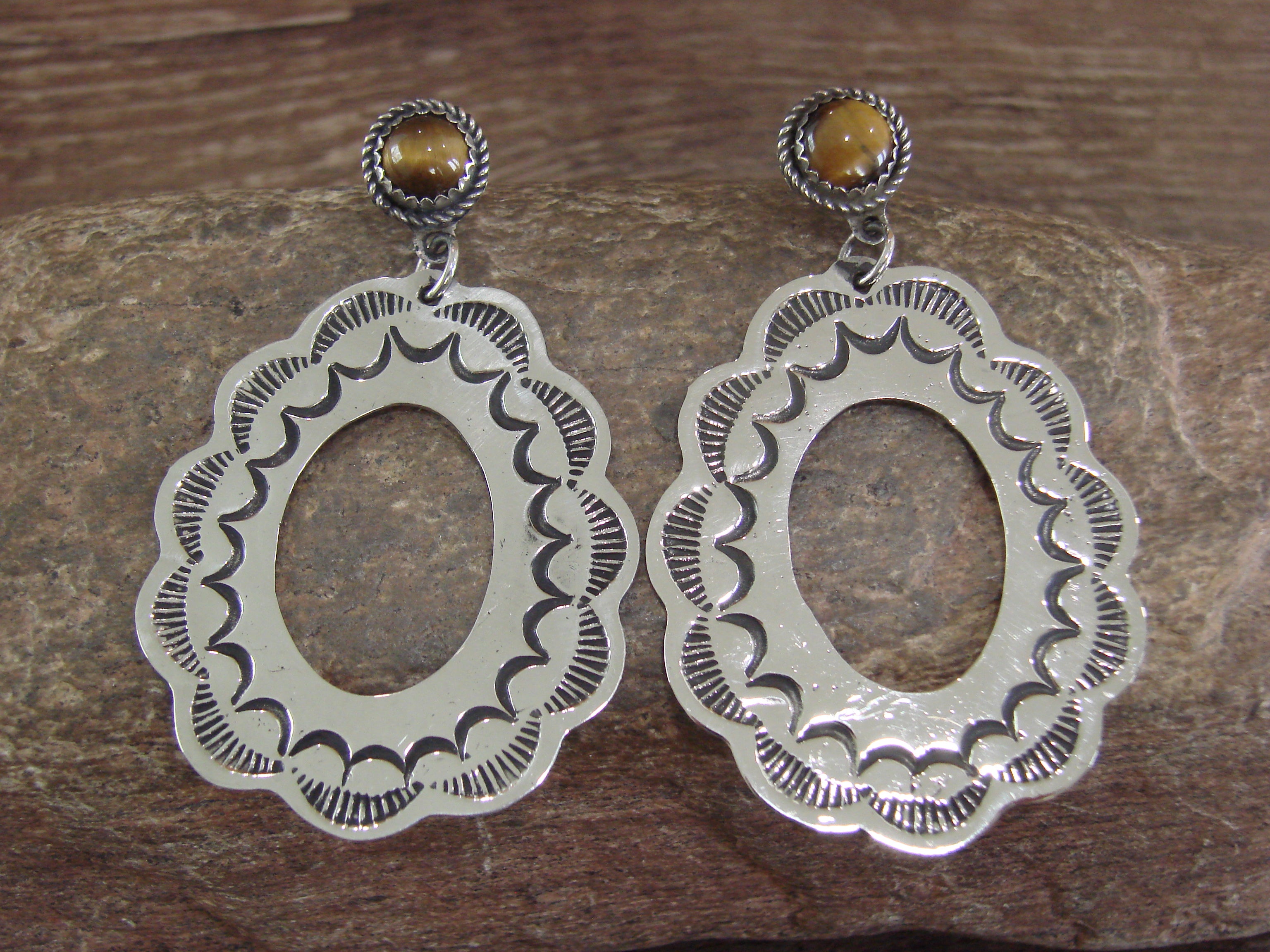 Navajo Indian Nickel Silver & Tiger Eye Dangle Post Earrings - Clevela ...