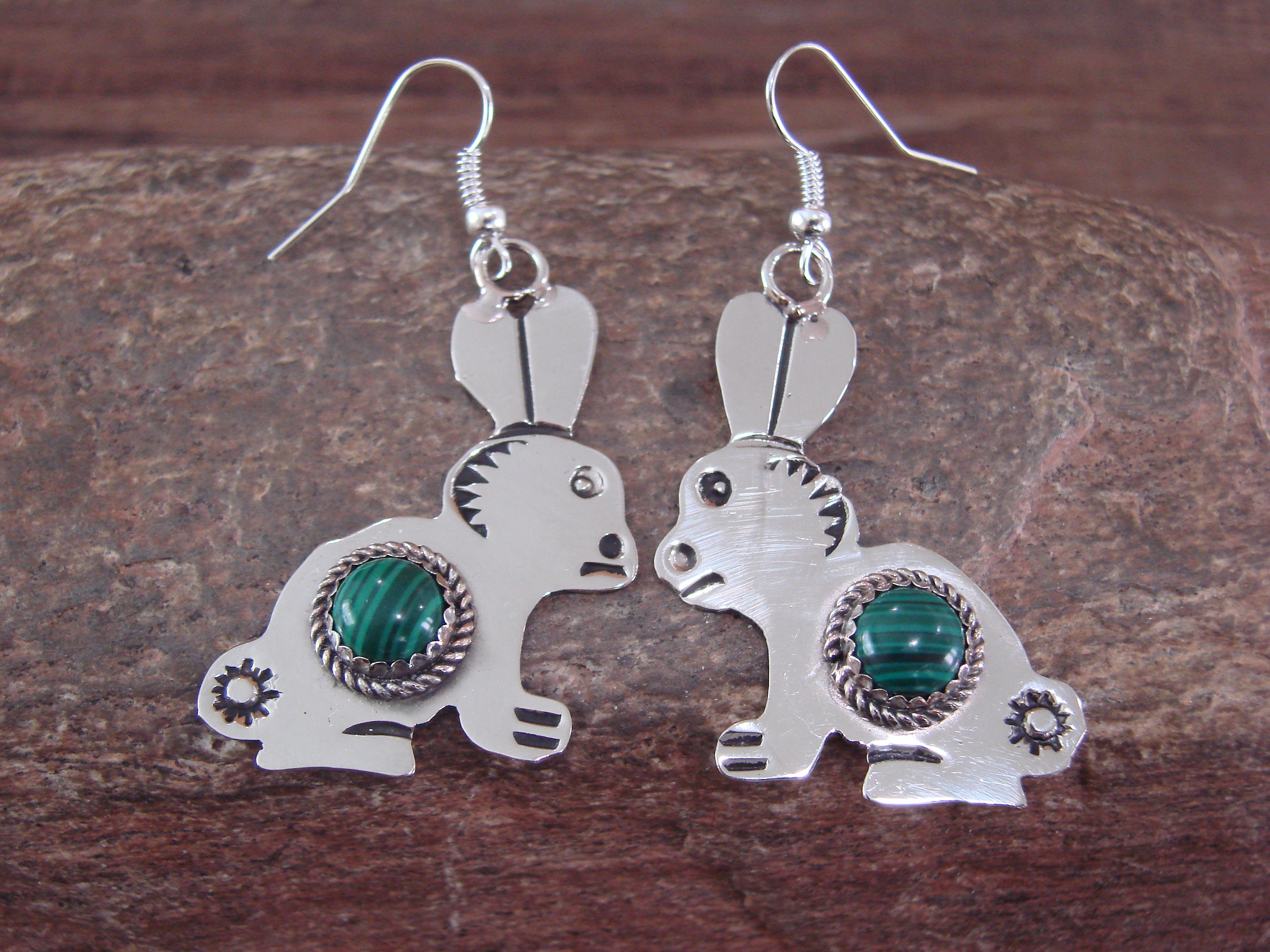 Navajo Indian Nickel Silver & Malachite Rabbit Dangle Earrings - Cleve ...