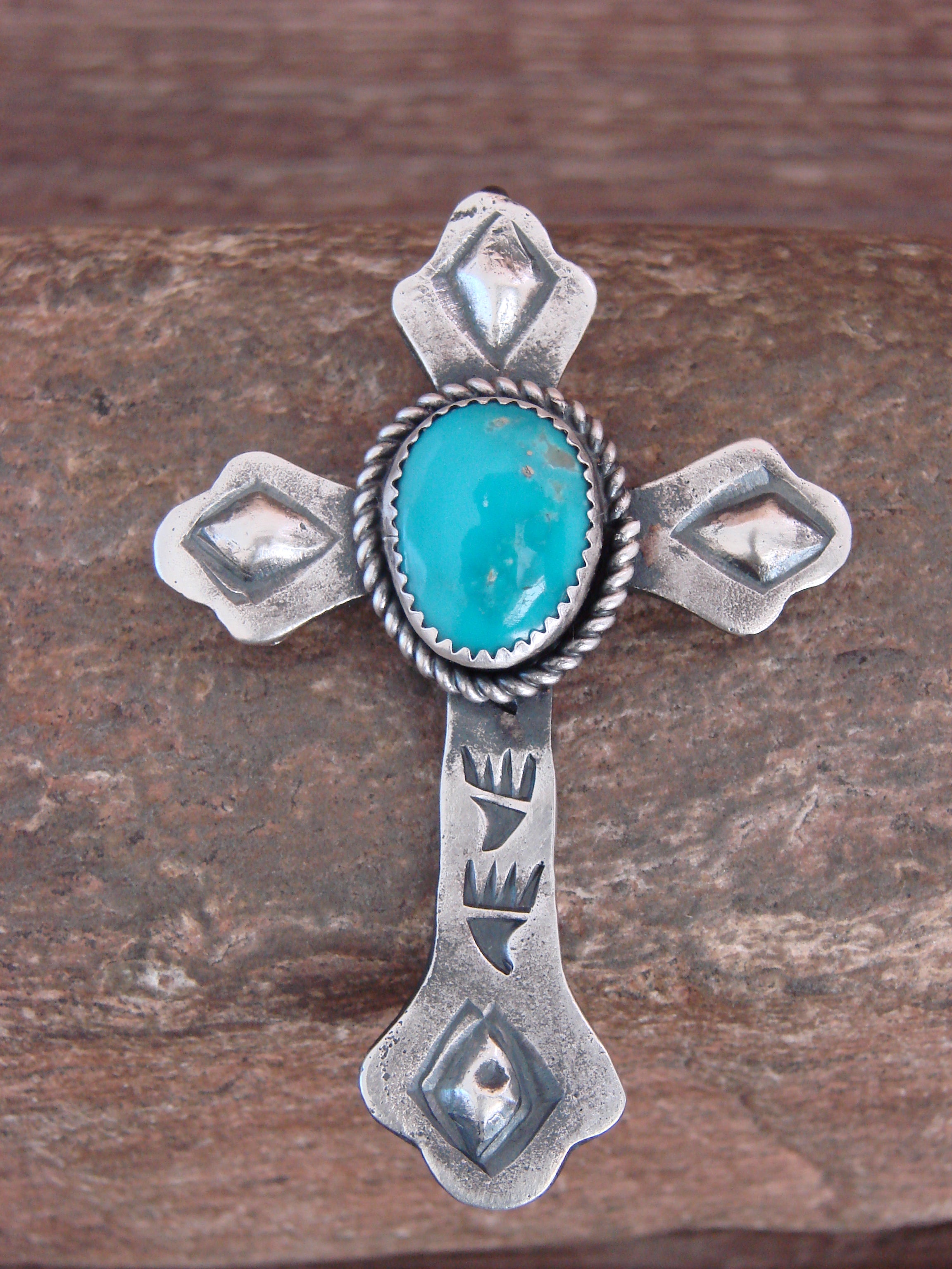 Navajo Indian Cast Sterling Silver & Turquoise Cross Pendant Signed Ya ...